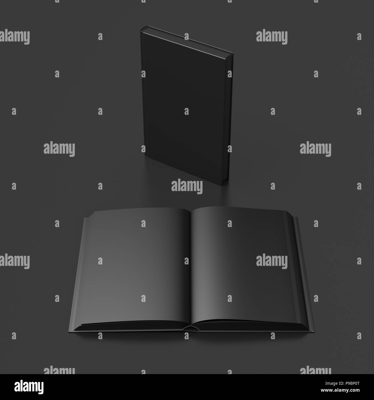 Open and closed books with black cover and blank black pages isolated ...