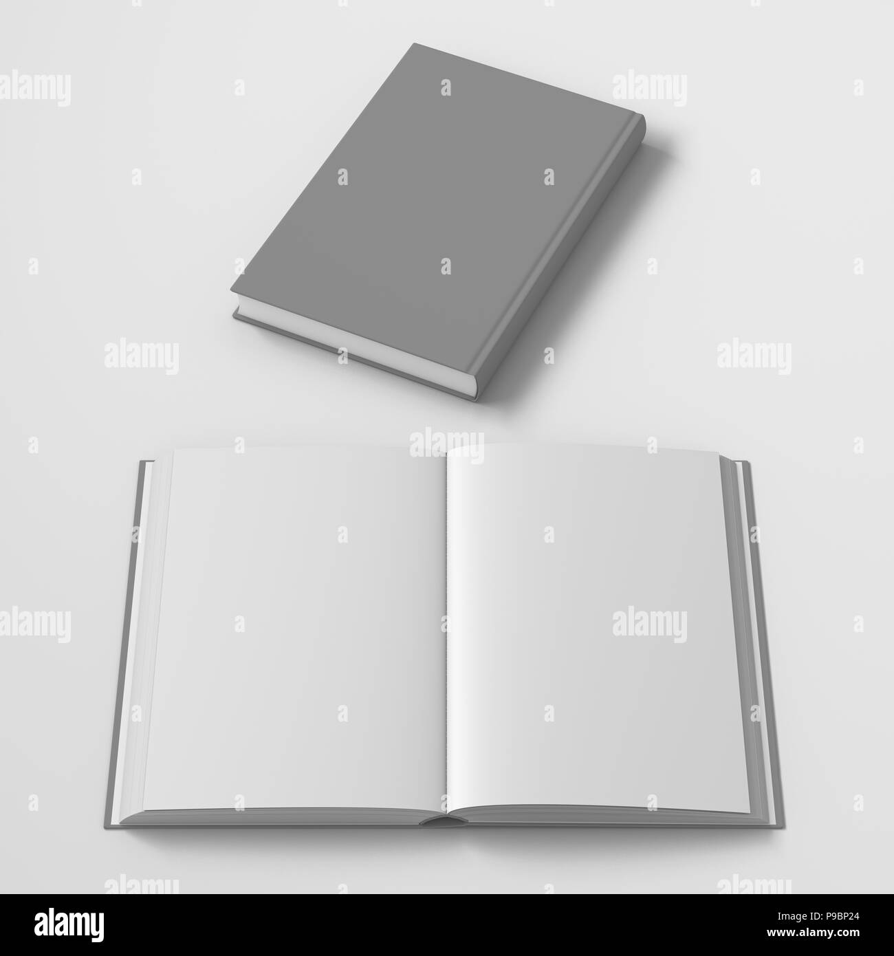 Open and closed books with gray cover and blank pages isolated on white ...