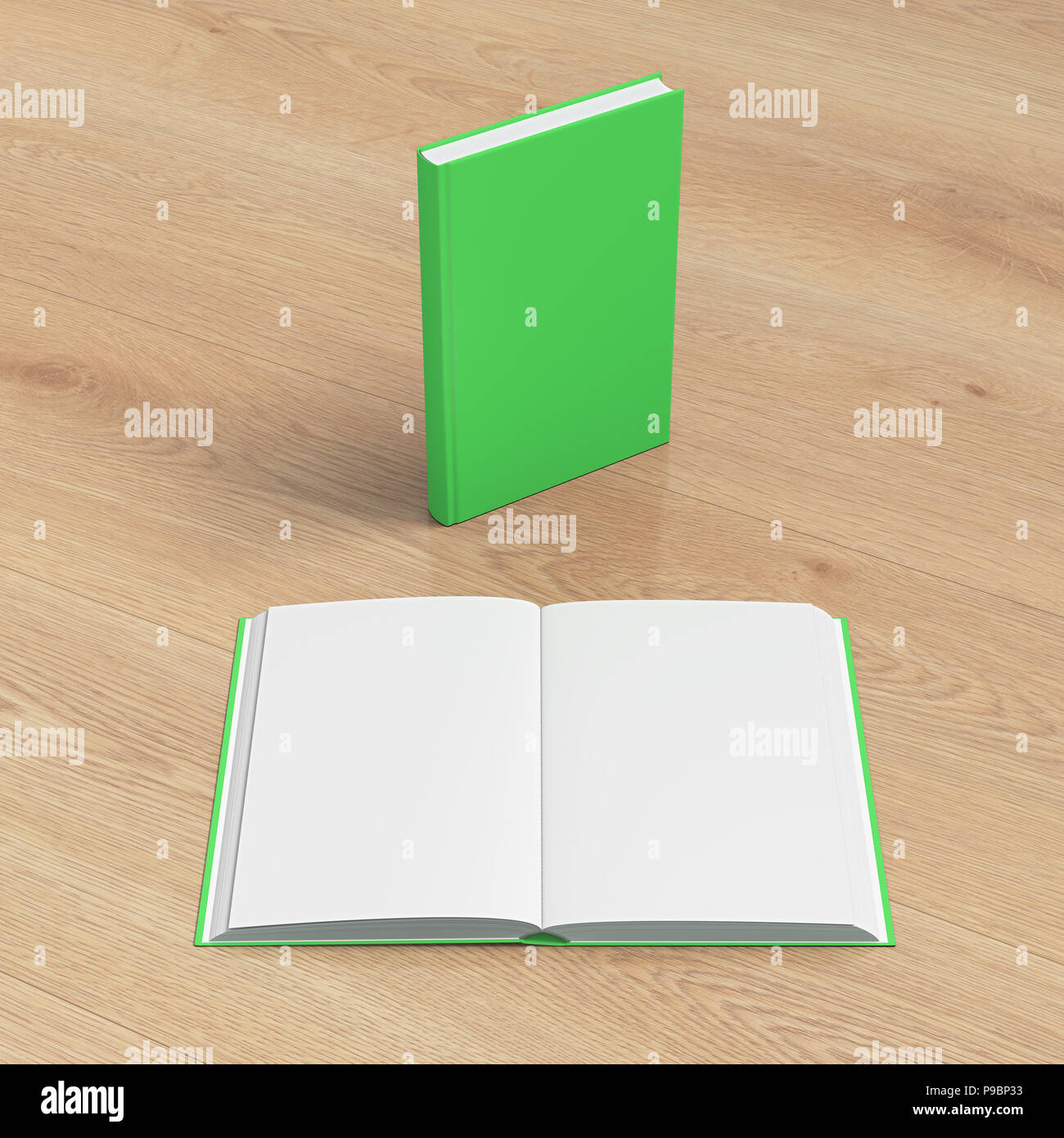 Open and closed books with green cover and blank pages isolated on ...