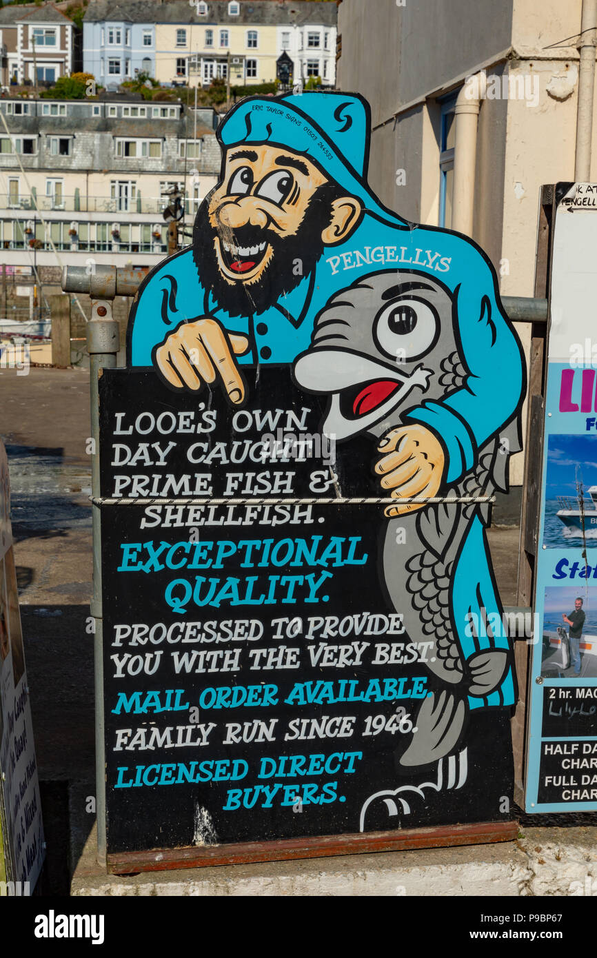 Looe Cornwall England July 12, 2018 Sign outside a fishmonger's shop ...