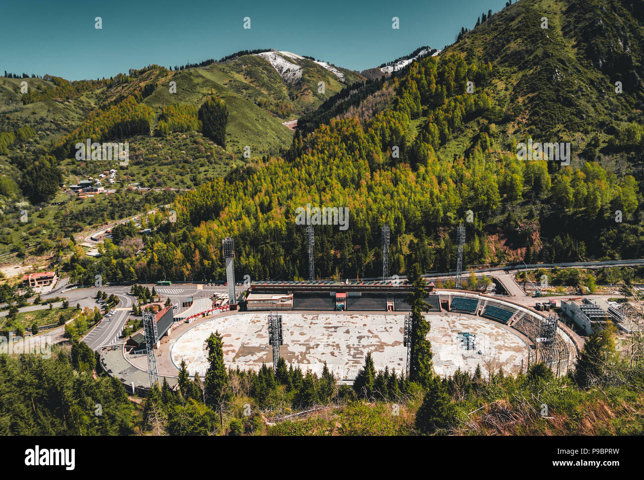 Aerial view of the Medeo stadium in Almaty, Kazakhstan. Medeo stadium ...