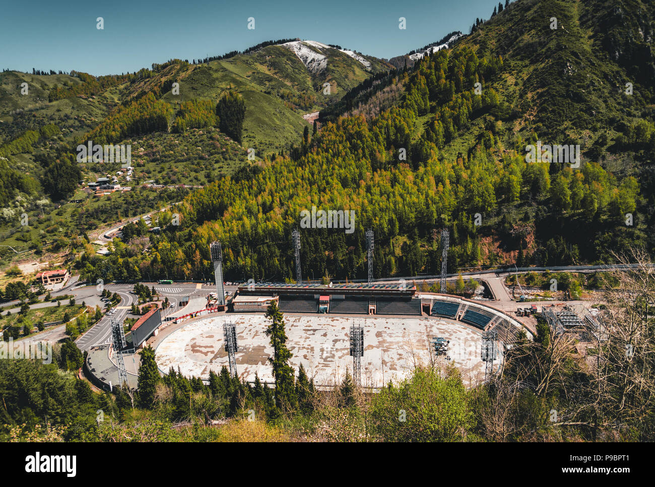 Aerial view of the Medeo stadium in Almaty, Kazakhstan. Medeo stadium ...