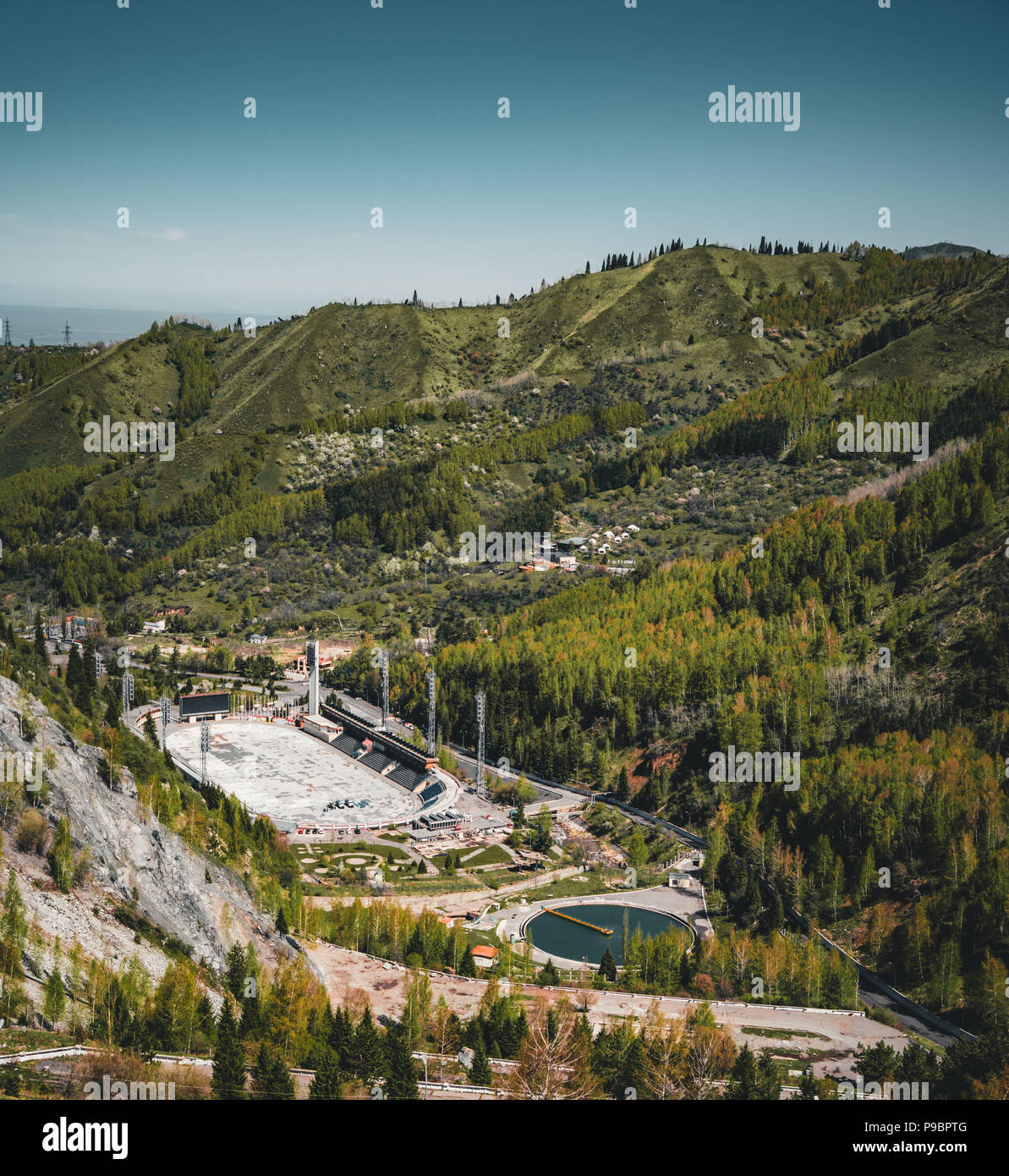 Aerial view of the Medeo stadium in Almaty, Kazakhstan. Medeo stadium ...