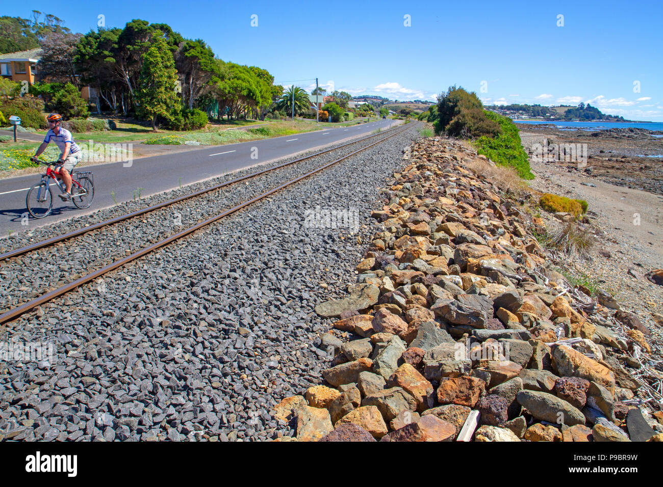 Cycling on the coastal road at Penguin Stock Photo - Alamy