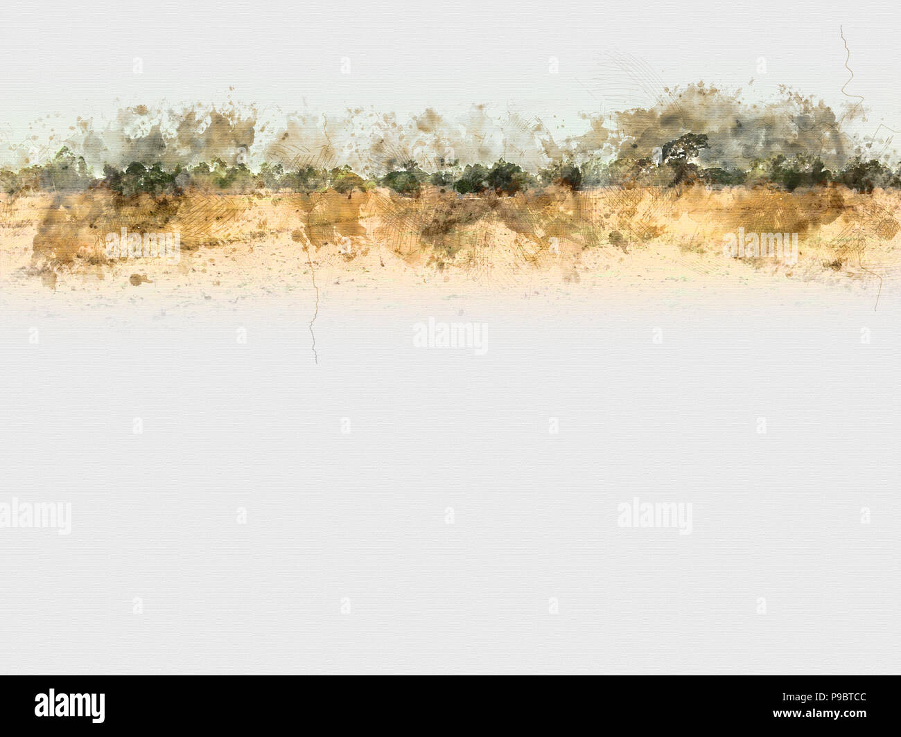 Abstract tree and field landscape on watercolor illustration painting ...