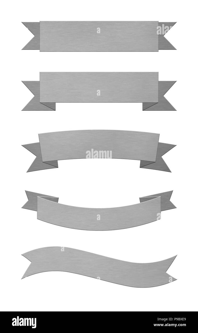 Set of five different brushed silver grey metal ribbon banners isolated ...