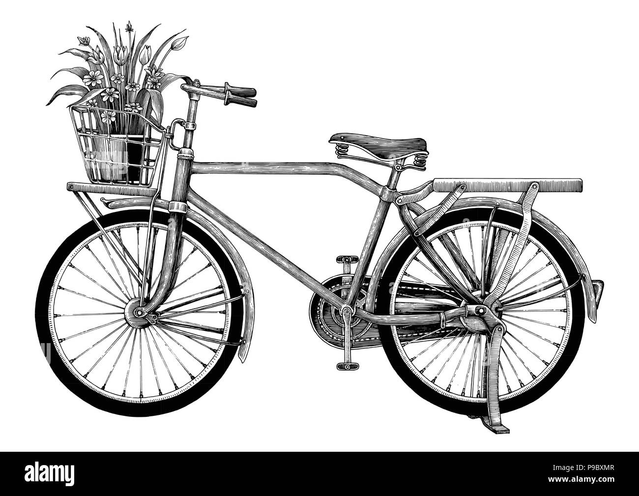 Vintage bicycle and flower pot hand drawing clip art isolated on white ...