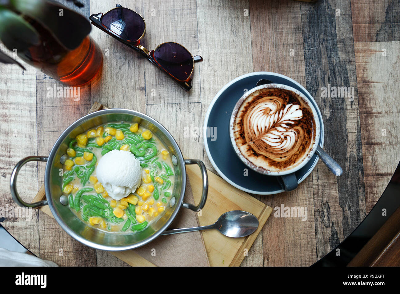 top view Lod Chong, A Thai Traditional dessert of pandan flavored rice ...