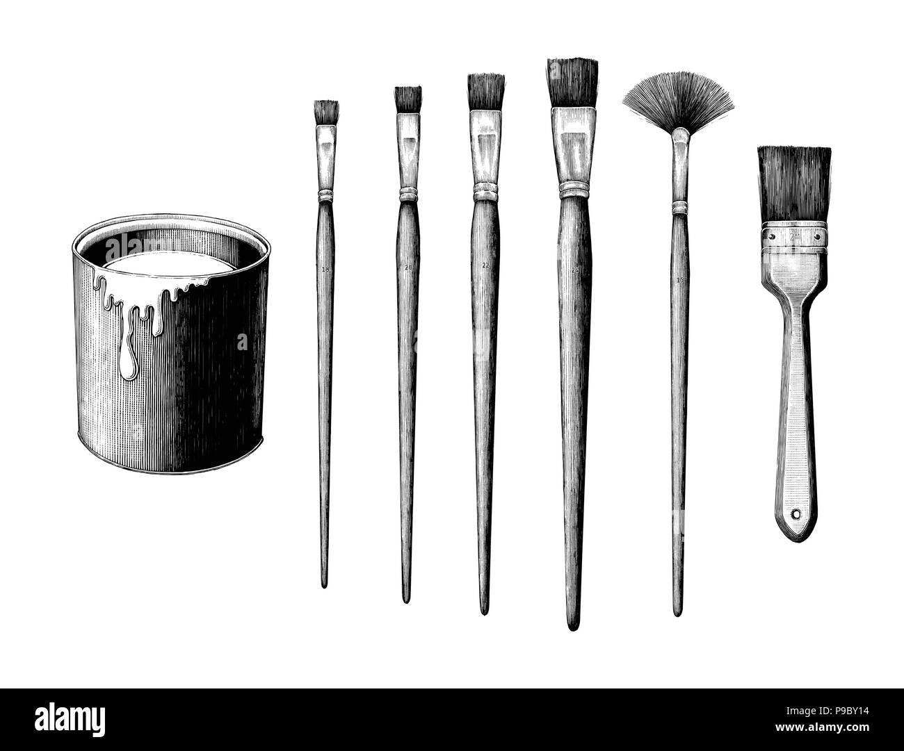 Vintage paint brushes set and paint can hand drawing clip art isolated ...