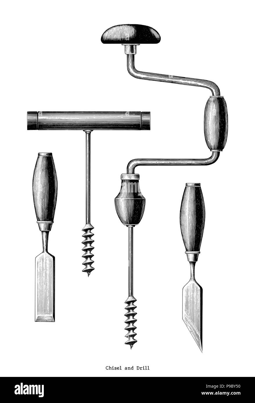 Vintage Chisel and Drill hand drawing clip art isolated on white ...