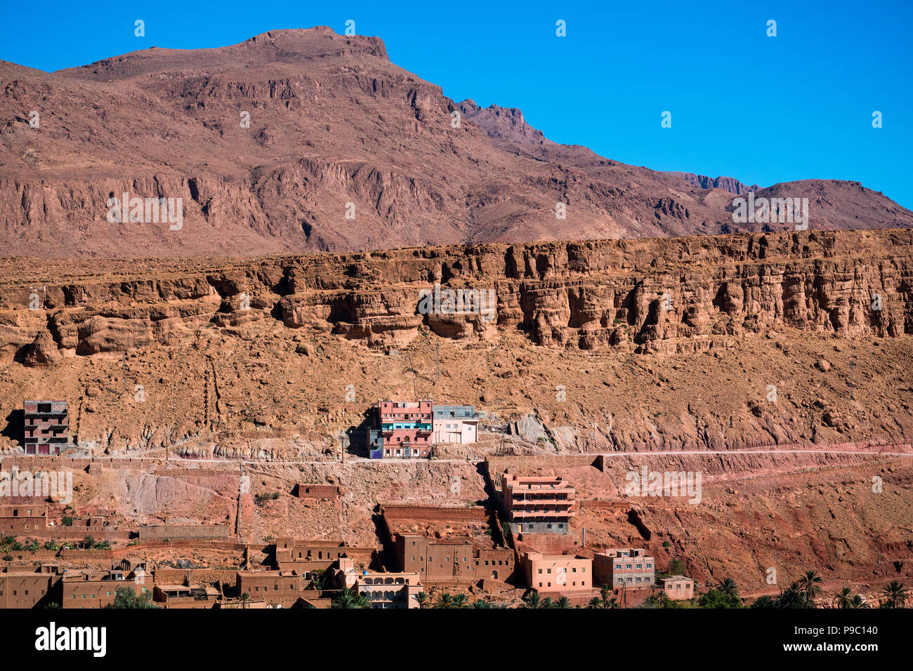 Landscape view of Atlas mountains and houses in Todra gorge in Tinghir ...