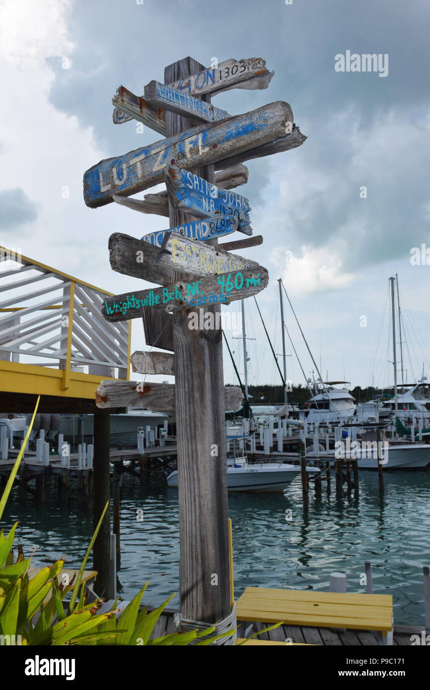 Direction signs to different islands posted outdoors, weathered at ...