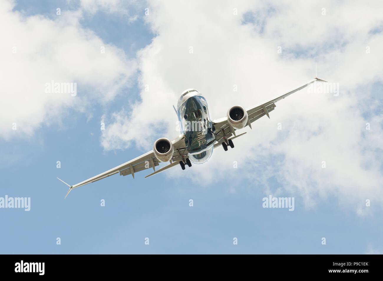Farnborough, UK - July 16, 2018: Boeing 737 MAX on a steep angled ...