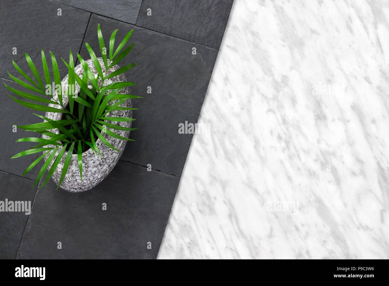 Palm leaves in a granite vase on slate stone and marble background ...