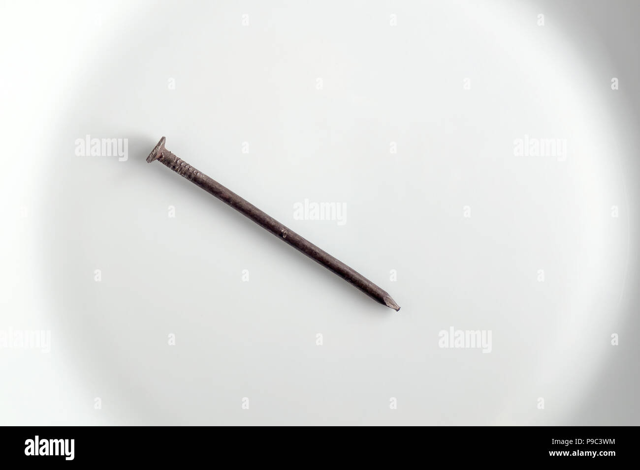 Old tack on white plate Stock Photo - Alamy