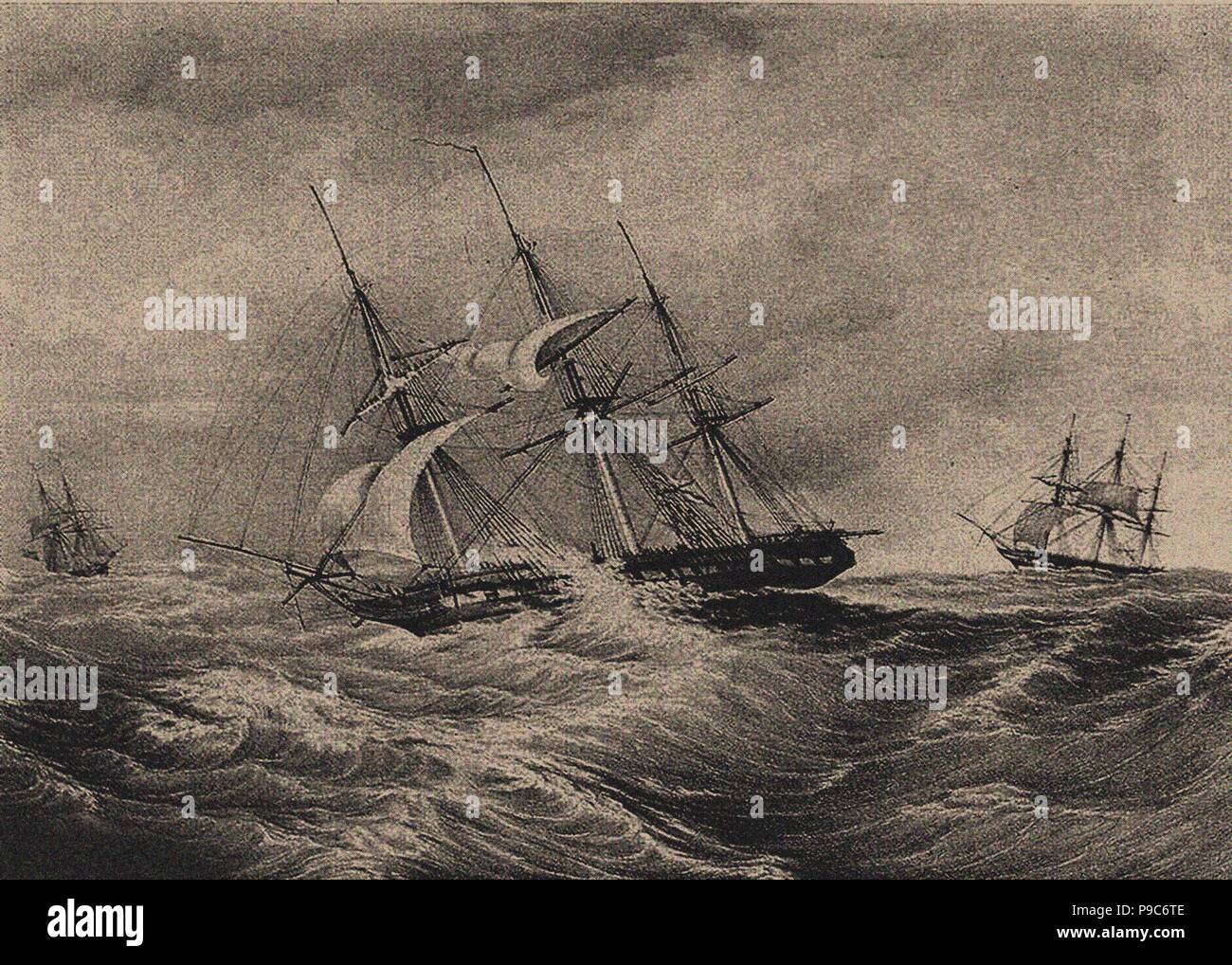 The frigate Kreiser and the sloop Ladoga at the coast of America 1823 ...