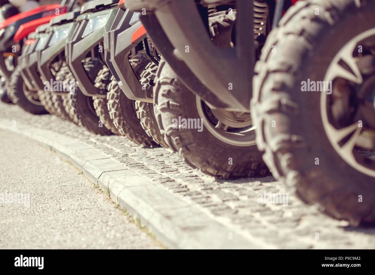 parked in a row several atv quad bikes extreme outdoor adventure ...