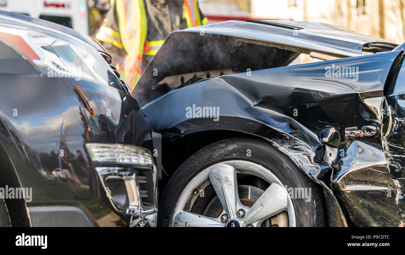 The aftermath of a car crash accident. Car crash dangerous accident on ...