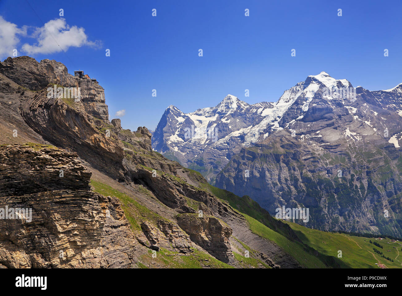 Summer in the Swiss Alps, Murren area, overlooking the Eiger, Monch ...