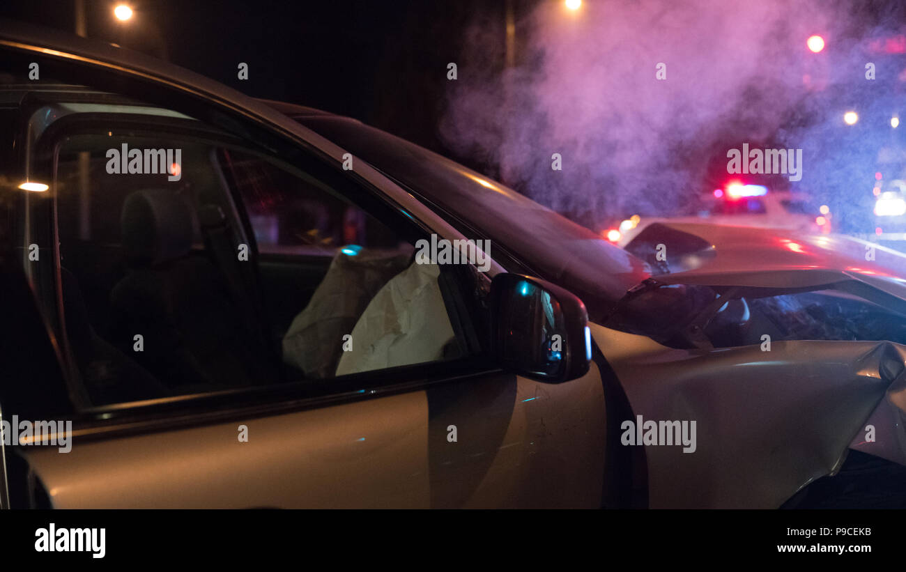 The aftermath of a car crash accident. Car crash dangerous accident on ...