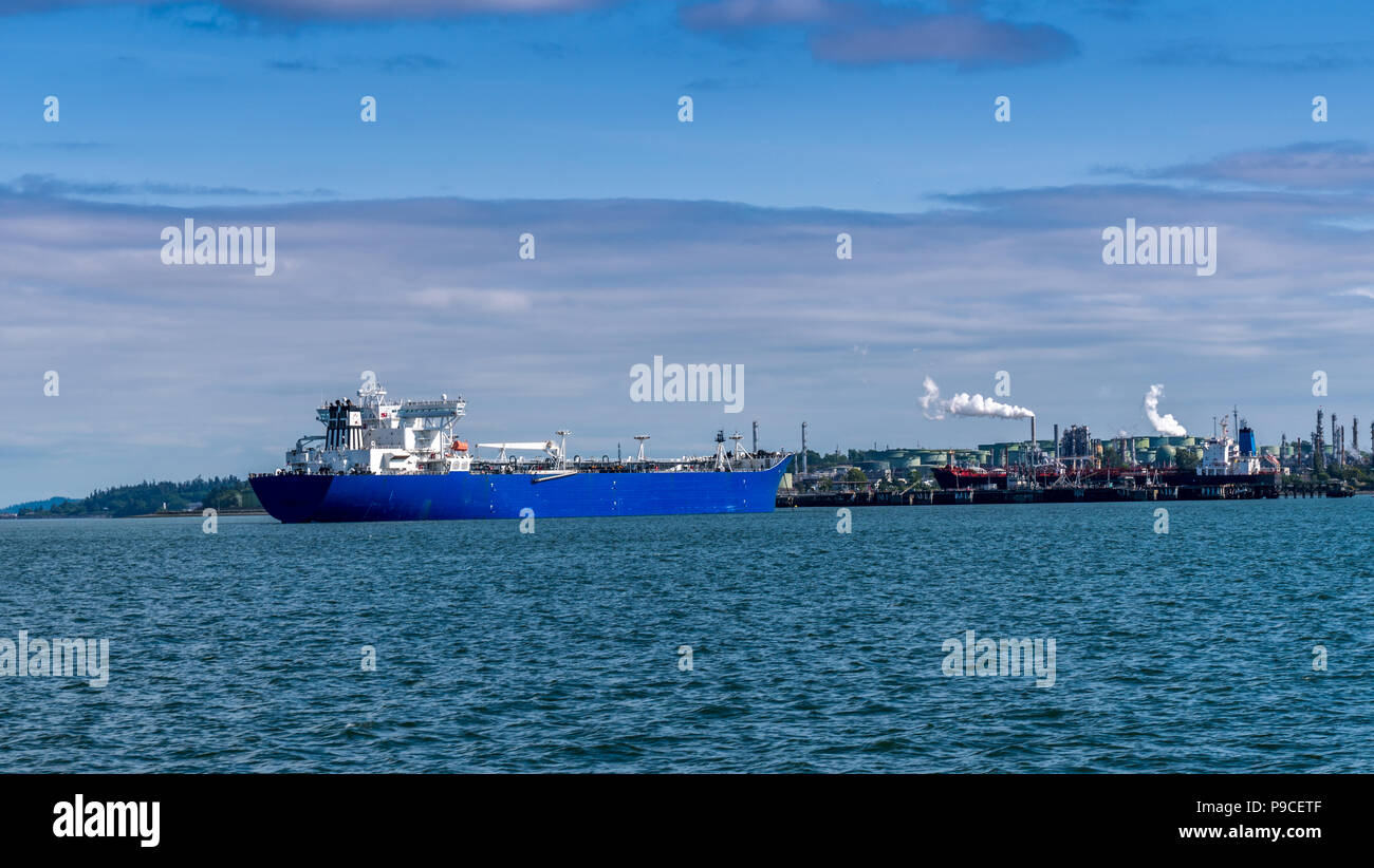 Cargo ship near loading dock. Port of Anacortes Washington, USA Stock ...