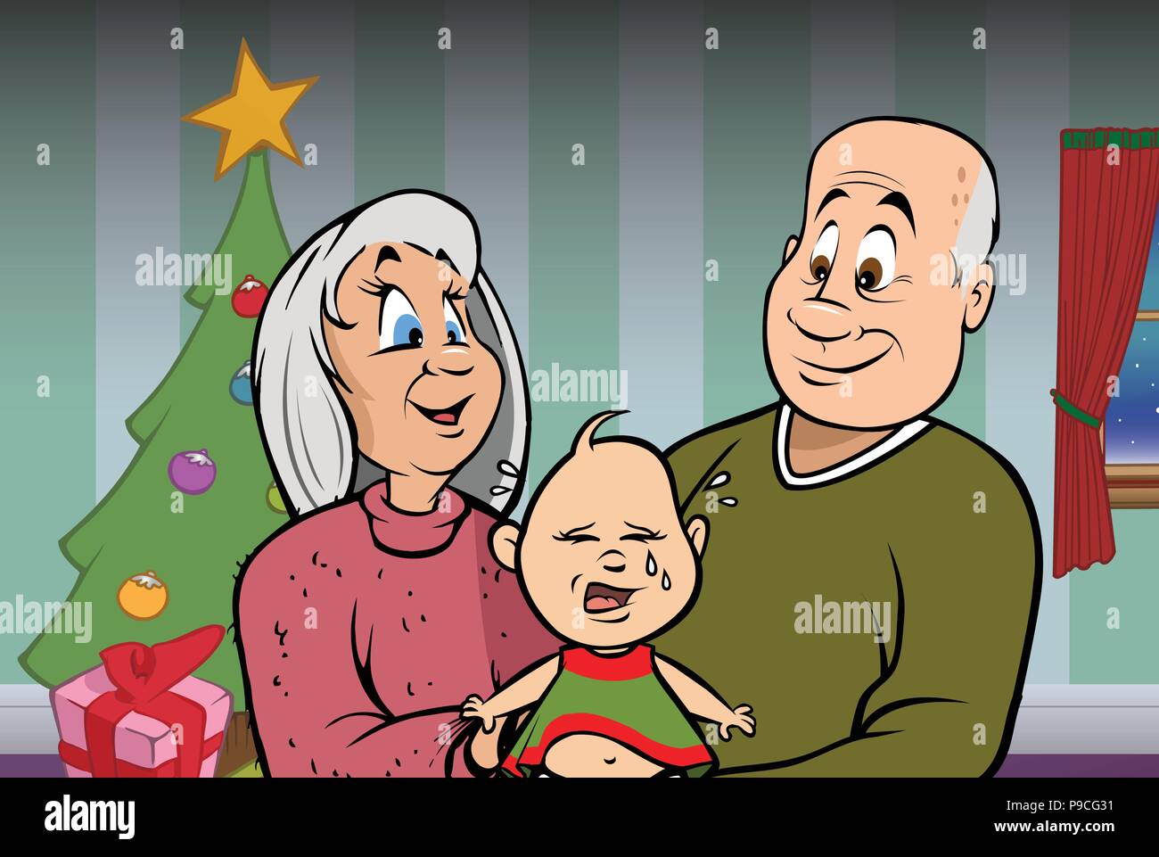 cartoon vector illustration of grandparents holding a baby Stock Vector ...