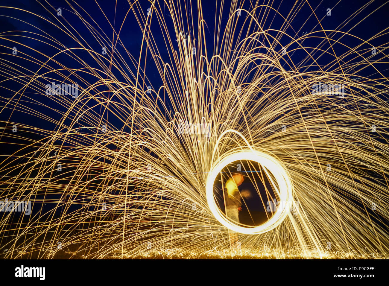 Ring of fire with long exposure at night. Light background Stock Photo ...