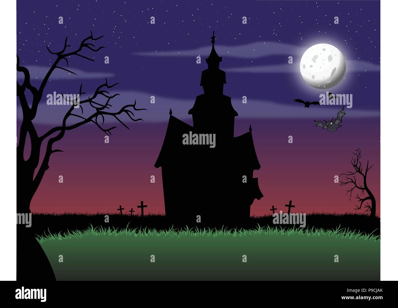 cartoon vector illustration of a Halloween haunted house background ...