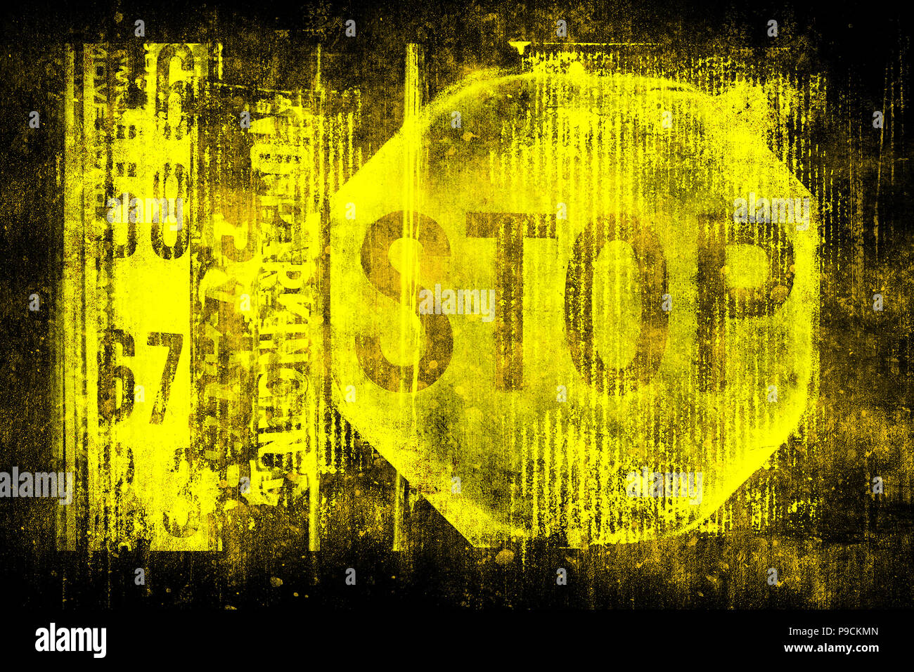 Stop sign on old grungy wall. Symbol of stop motion. Monochrome yellow ...
