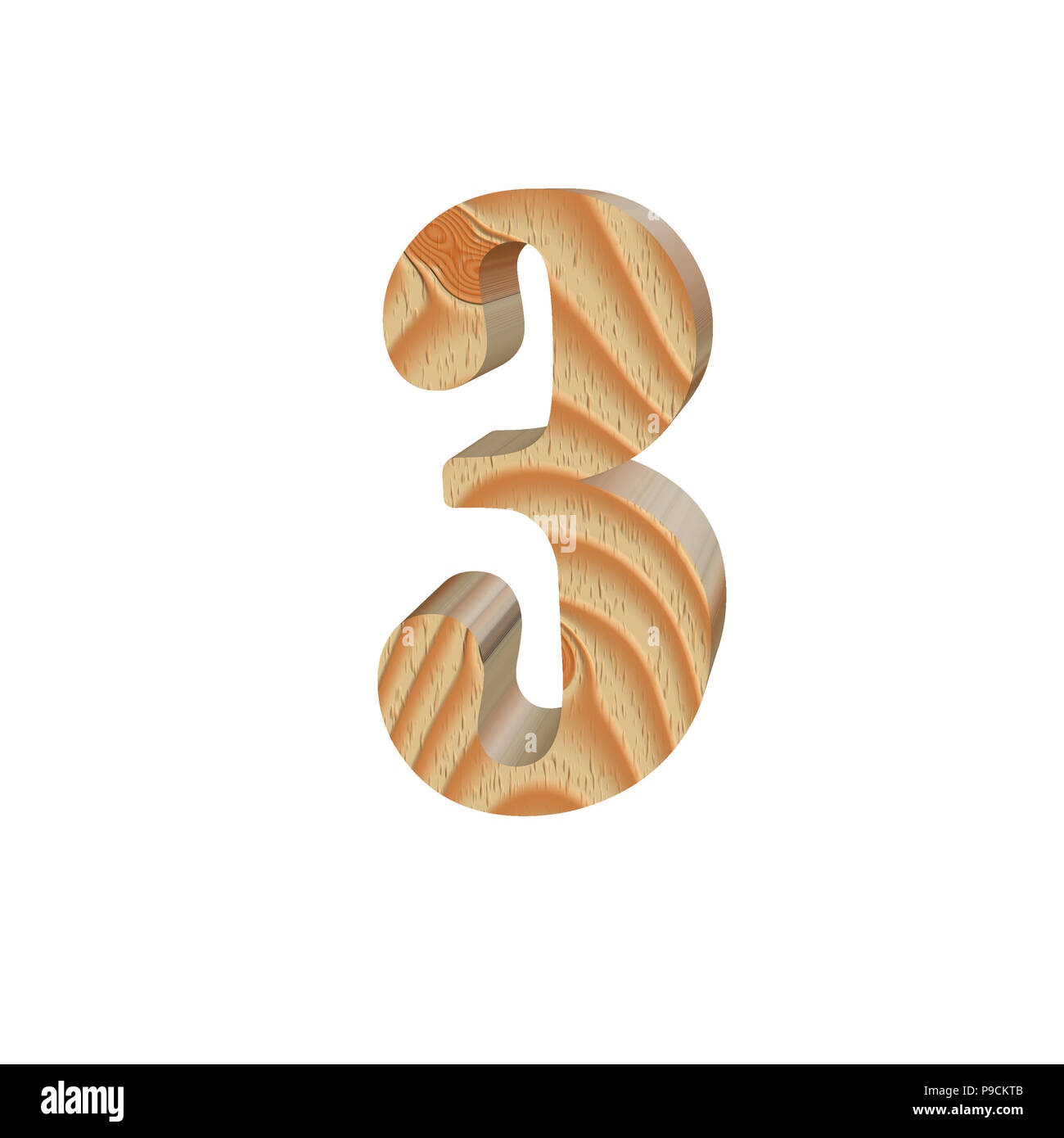 Wooden number 3 (three) isolated on white background. Texture of wood ...