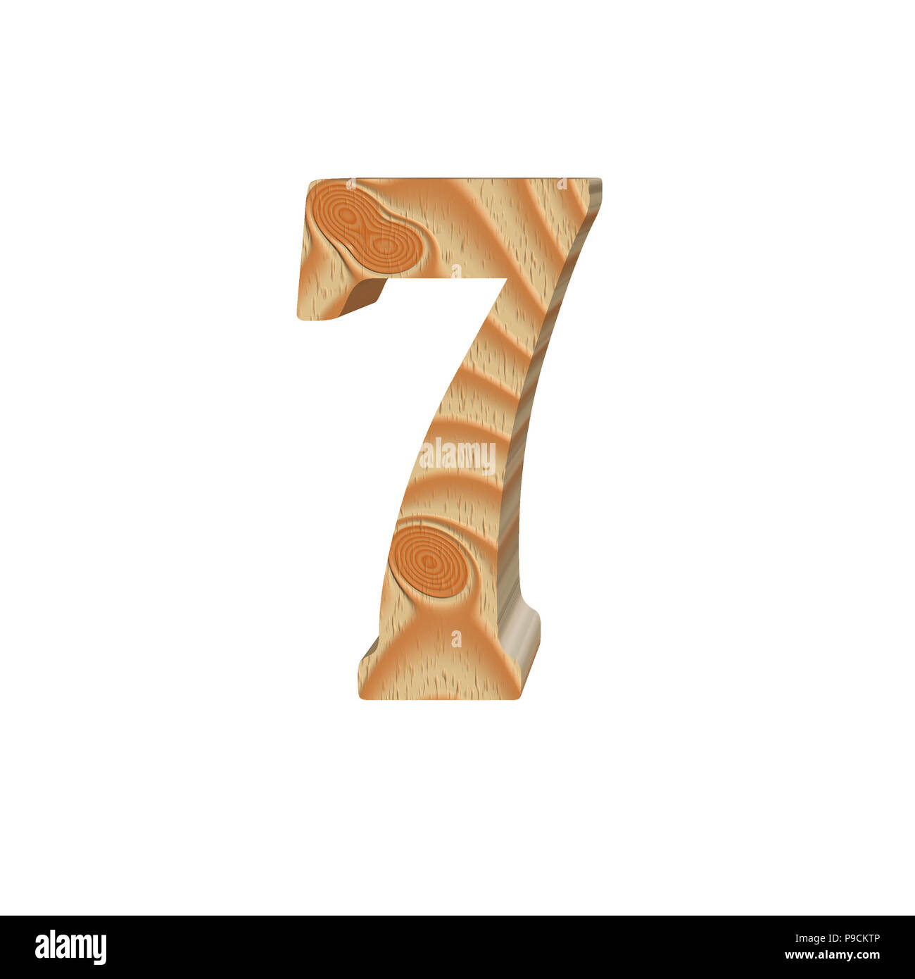 Wooden number 7 (seven) isolated on white background. Texture of wood ...