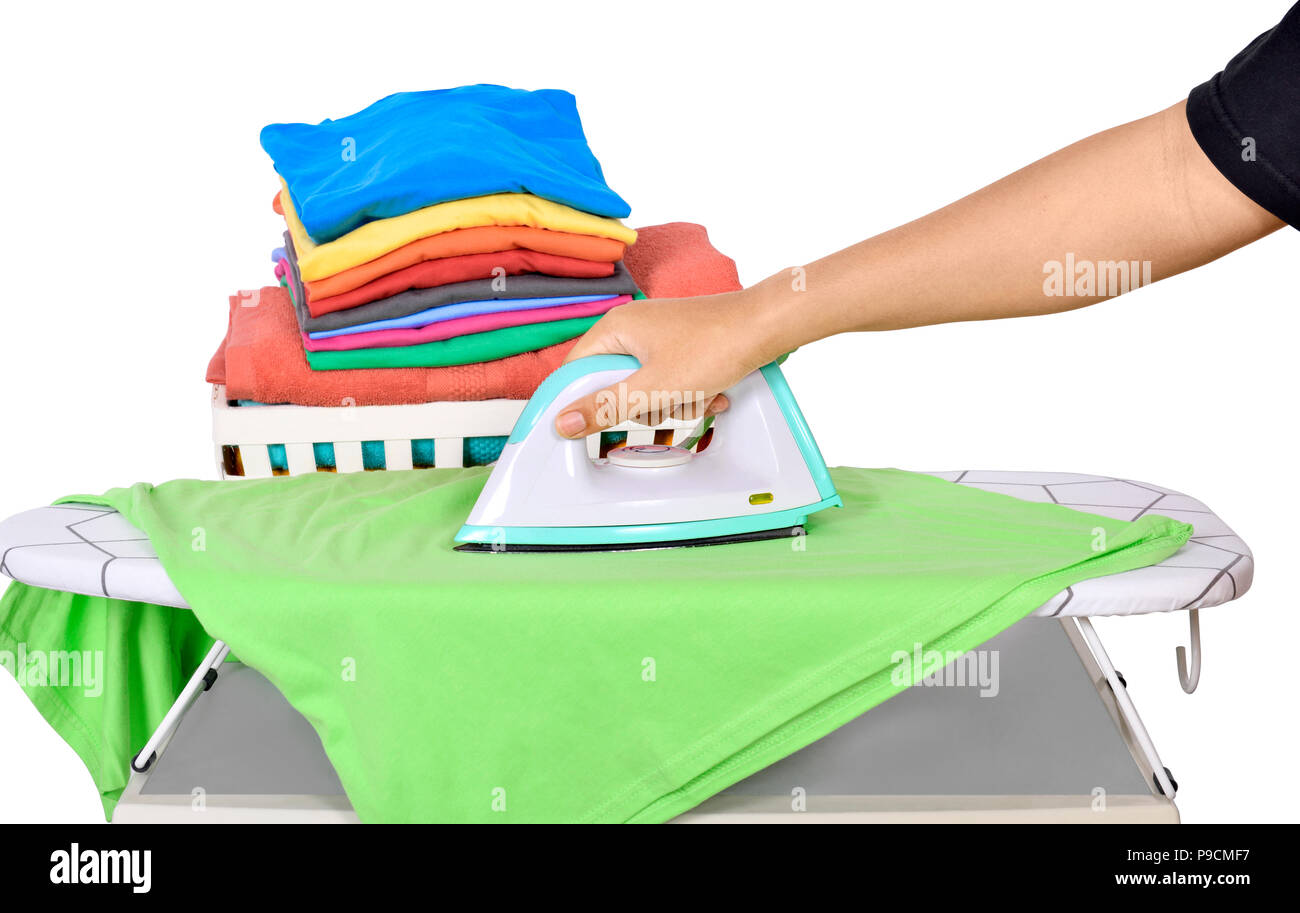 People ironing clothes on ironing board isolated over white background ...