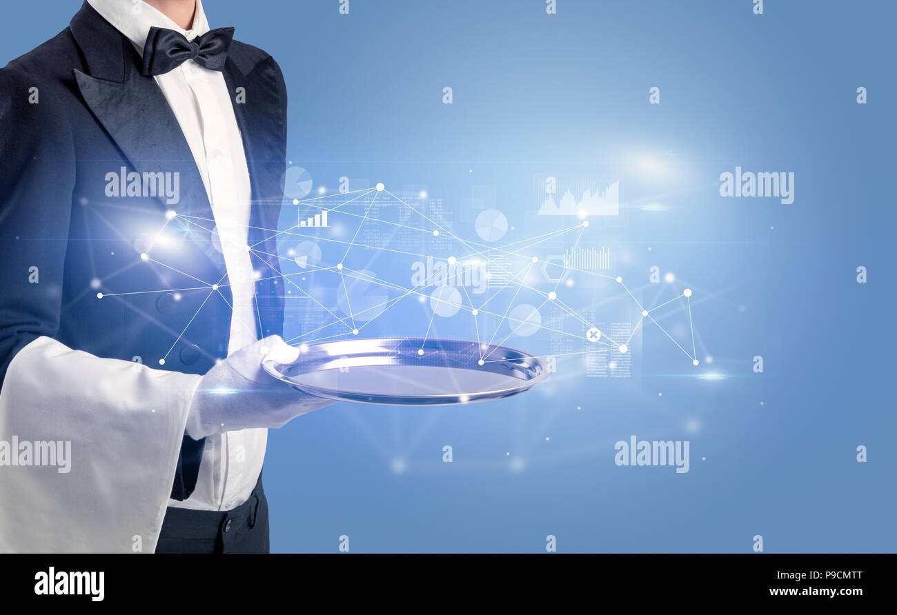 Young waiter serving financial concept on a metal tray Stock Photo - Alamy