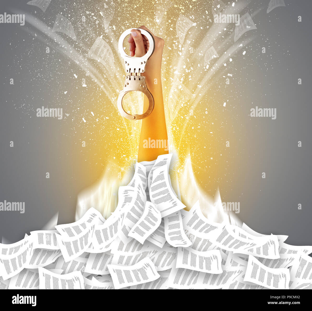 Hand buried in document pile and breaking out from it Stock Photo - Alamy