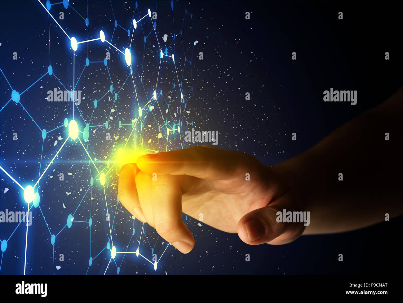 Female finger touching a beam of light surrounded by a connectivty ...