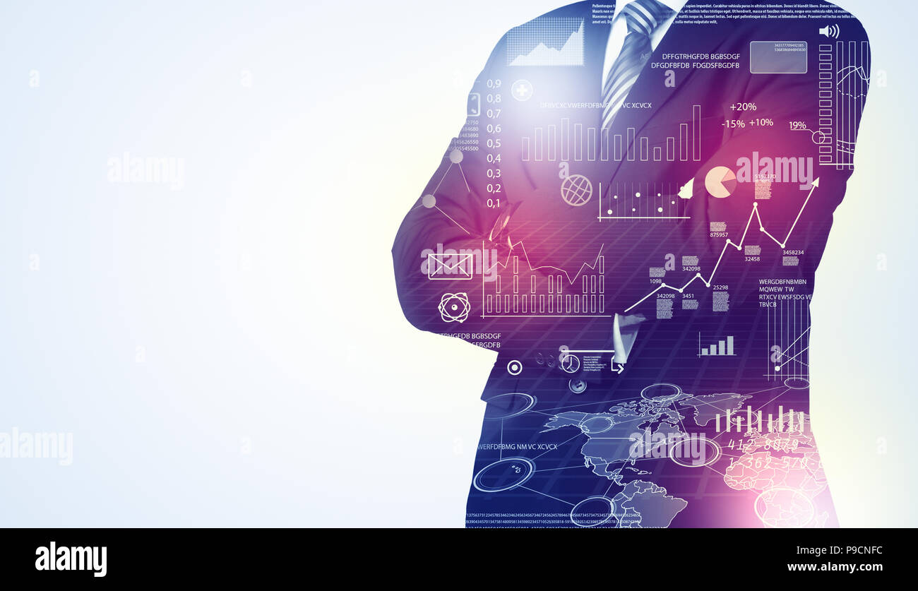 Leader man standing and thinking with graphs, charts, diagrams on the ...