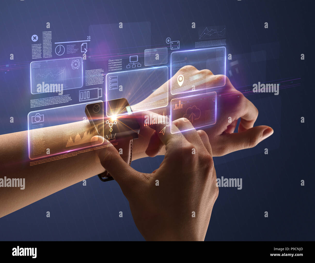 Female hand wearing smartwatch with statement labels around and dark ...