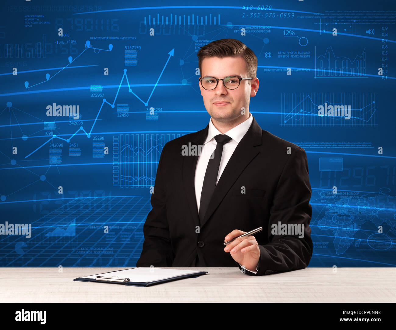 Stock data analyst in studio giving adivce on blue chart background ...