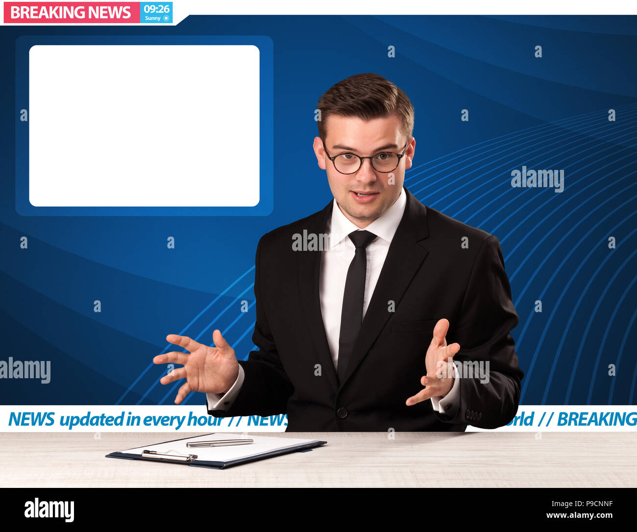 Television reporter telling breaking news at his studio desk with copy ...