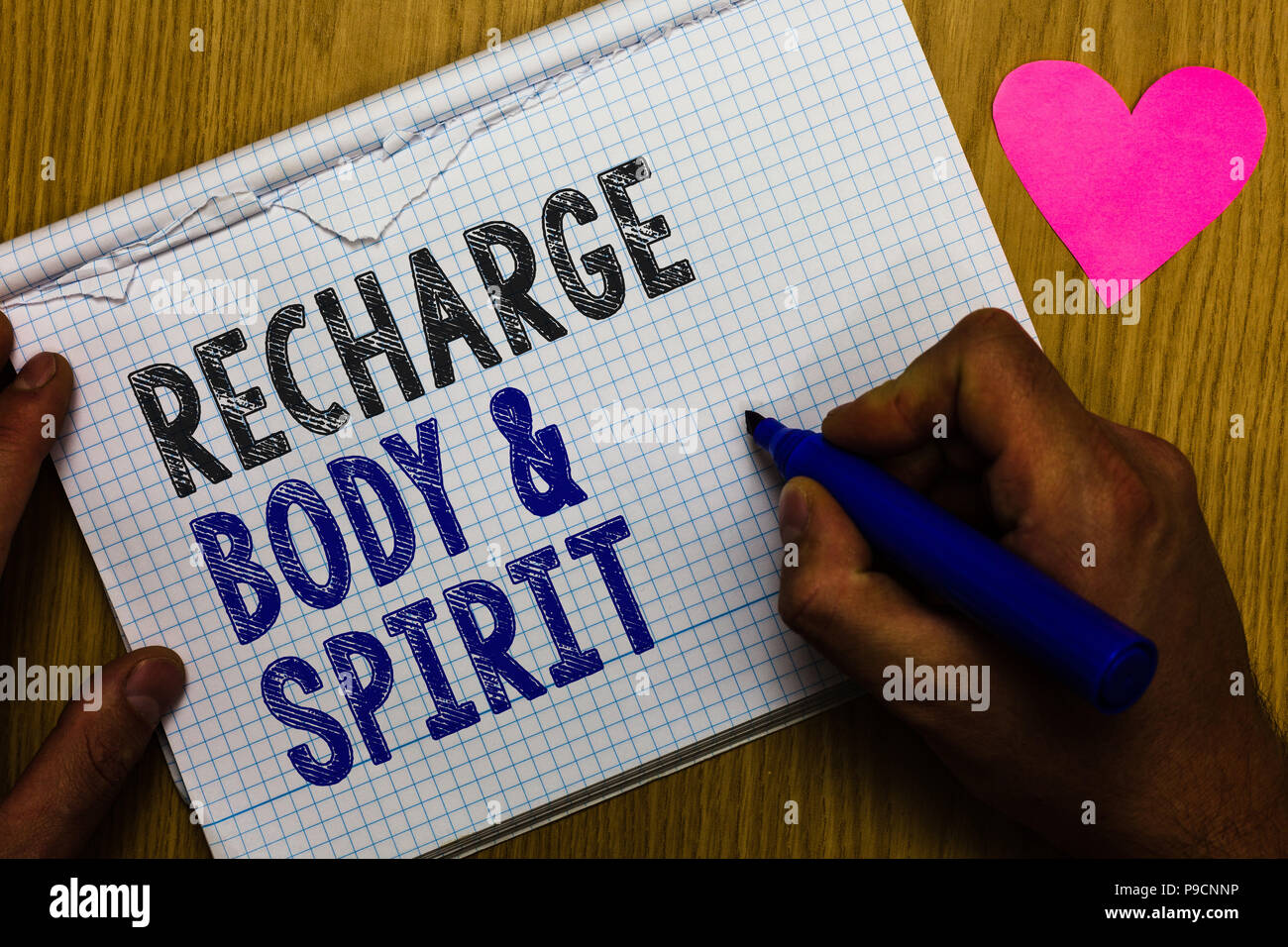Handwriting text Recharge BodyandSpirit. Concept meaning fill your energy through relaxation and ...