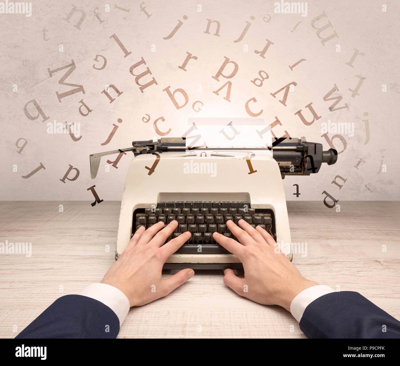 First person perspective elegant hand writing on typewriter with flying ...