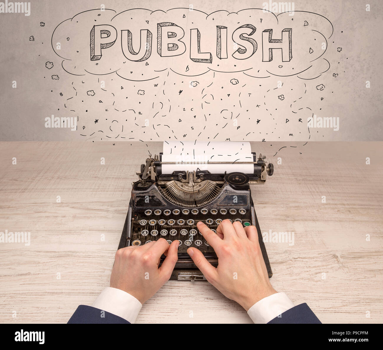 First person perspective hand writing on typewriter with cloud message ...