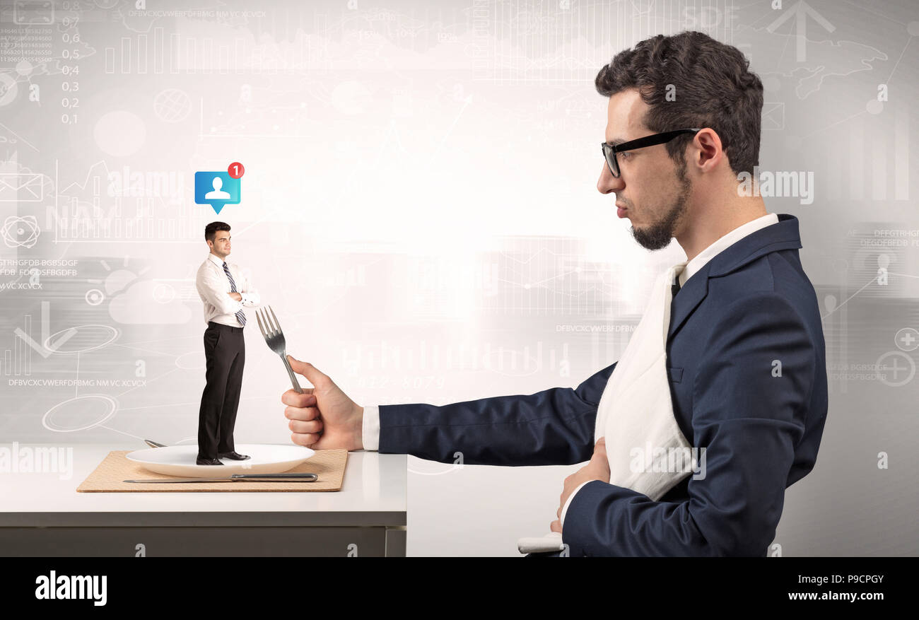 Giant businessman eating small man with financial background Stock ...