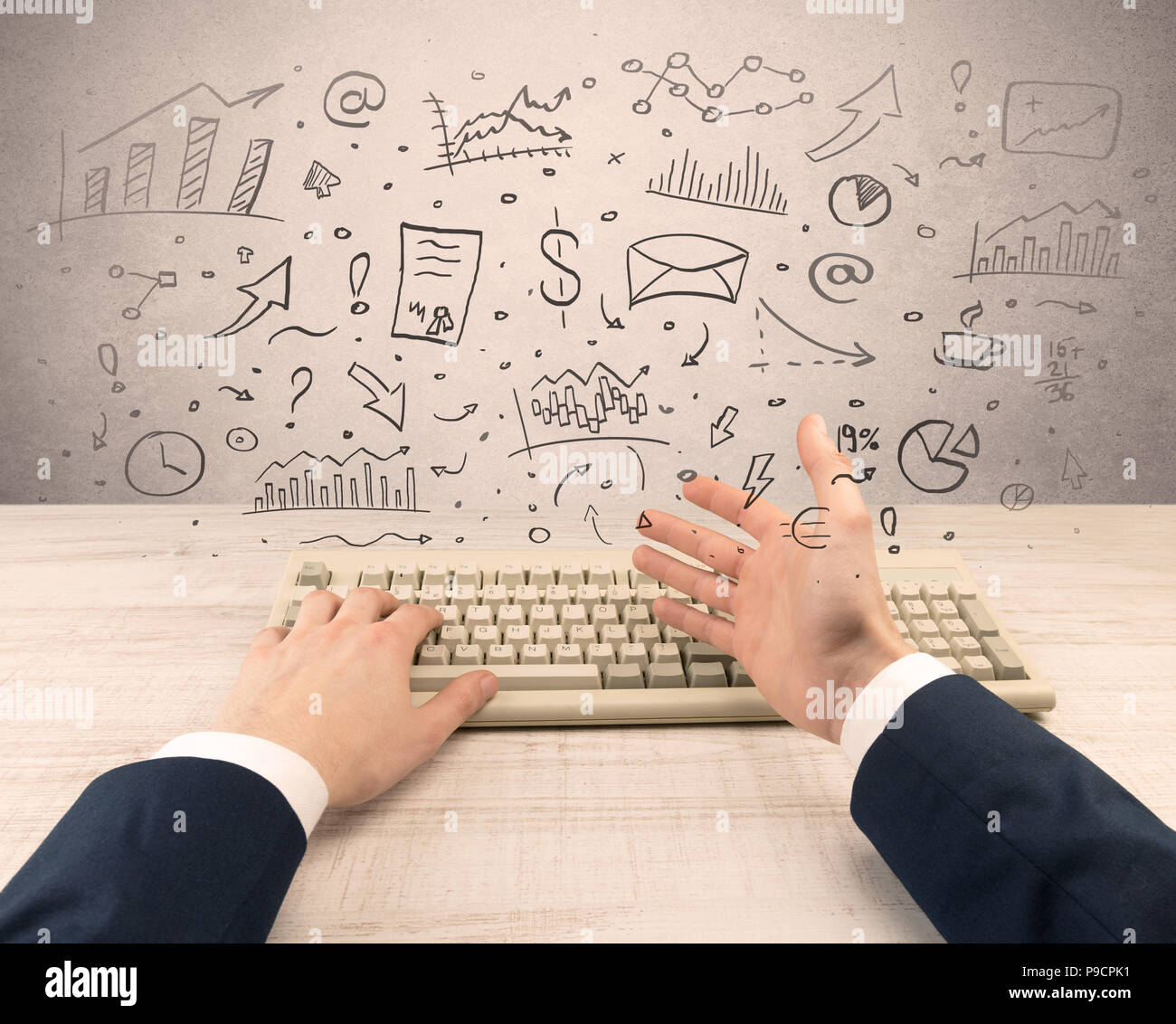 First person view of an elegant businessman hand typing with doodle ...