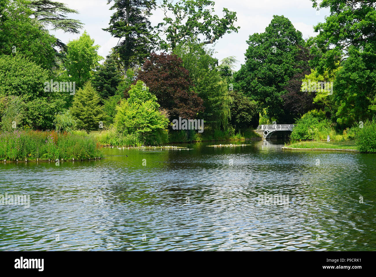 Bridge over the lake at Spetchley Park Gardens Stock Photo - Alamy