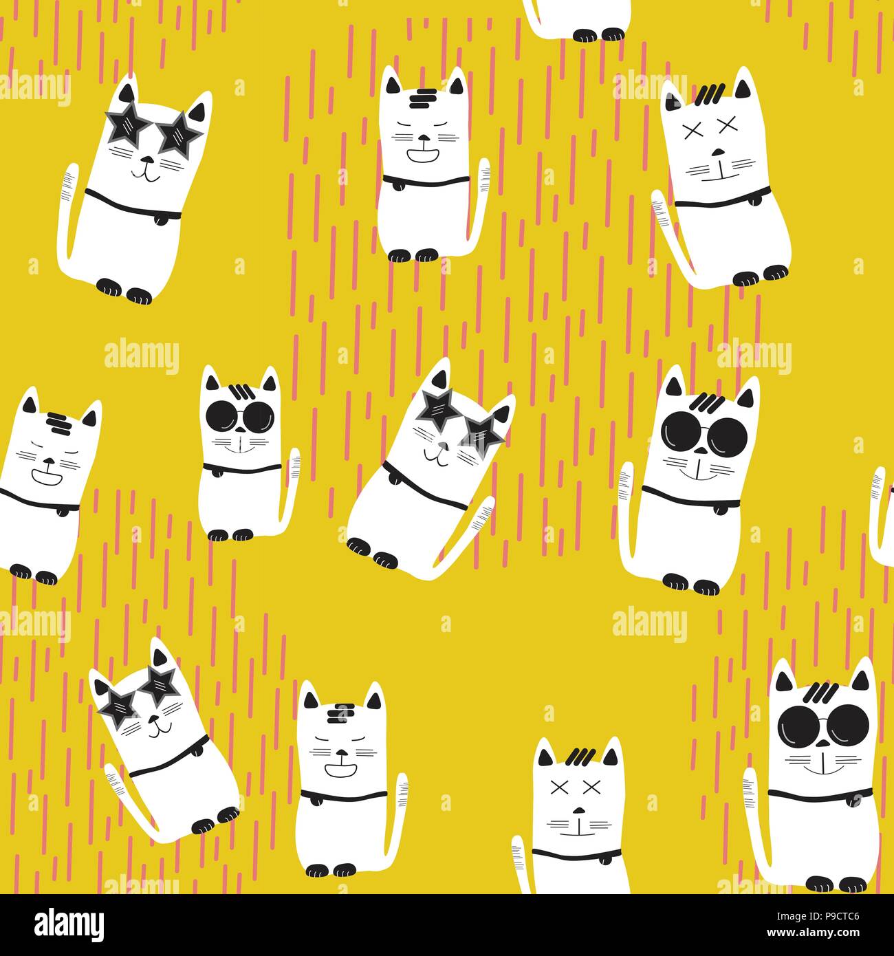 funny white cats with different characters on yellow background ...