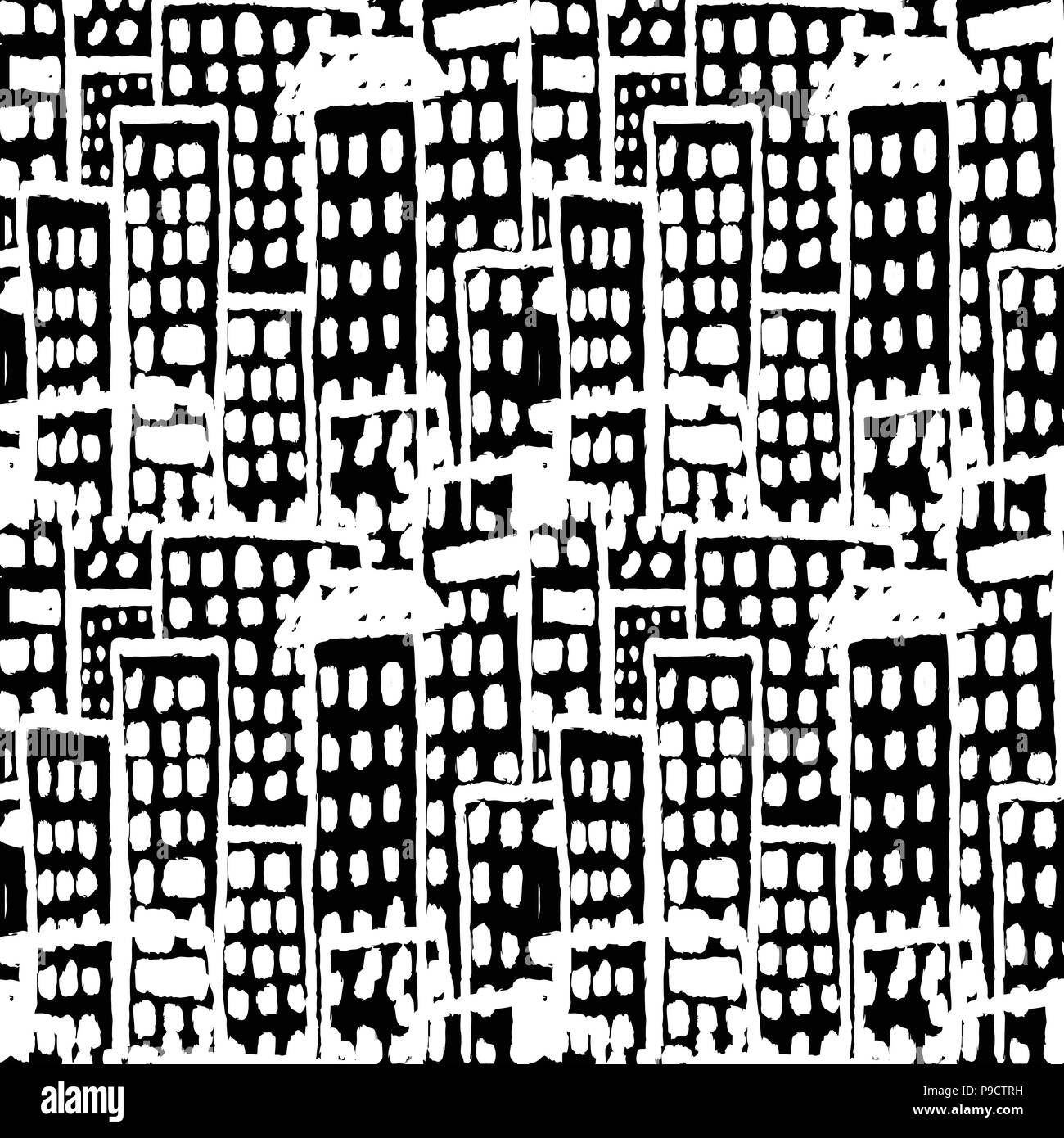 grunge buildings hand drawn black and white pattern seamless vector ...