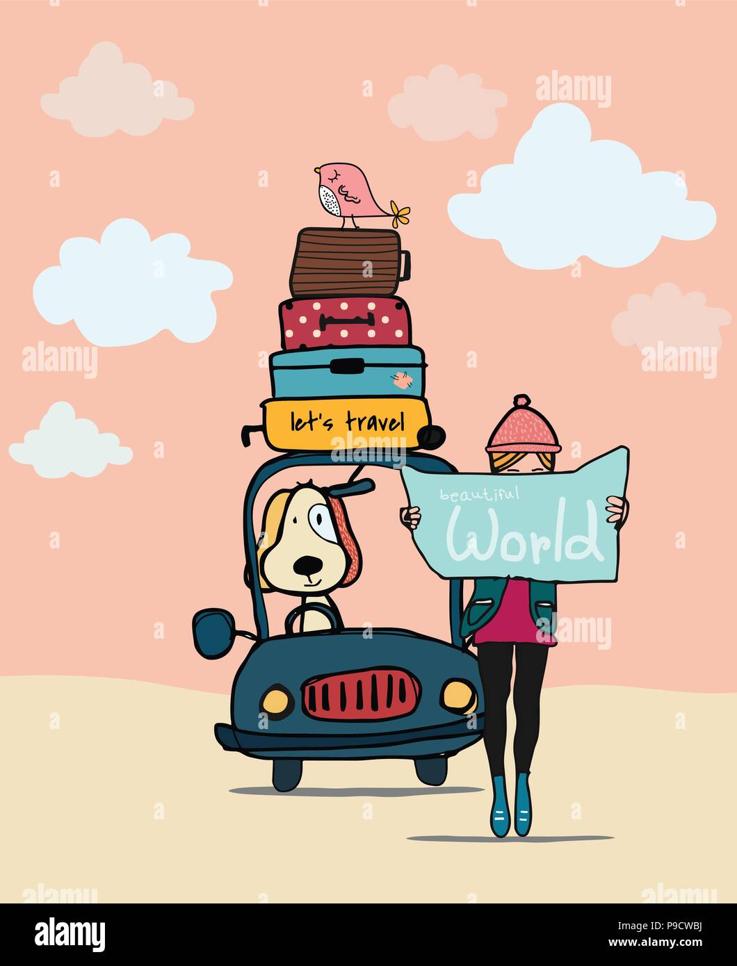 vector doodle hand drawn a lady looking at a map with cute dog and a ...