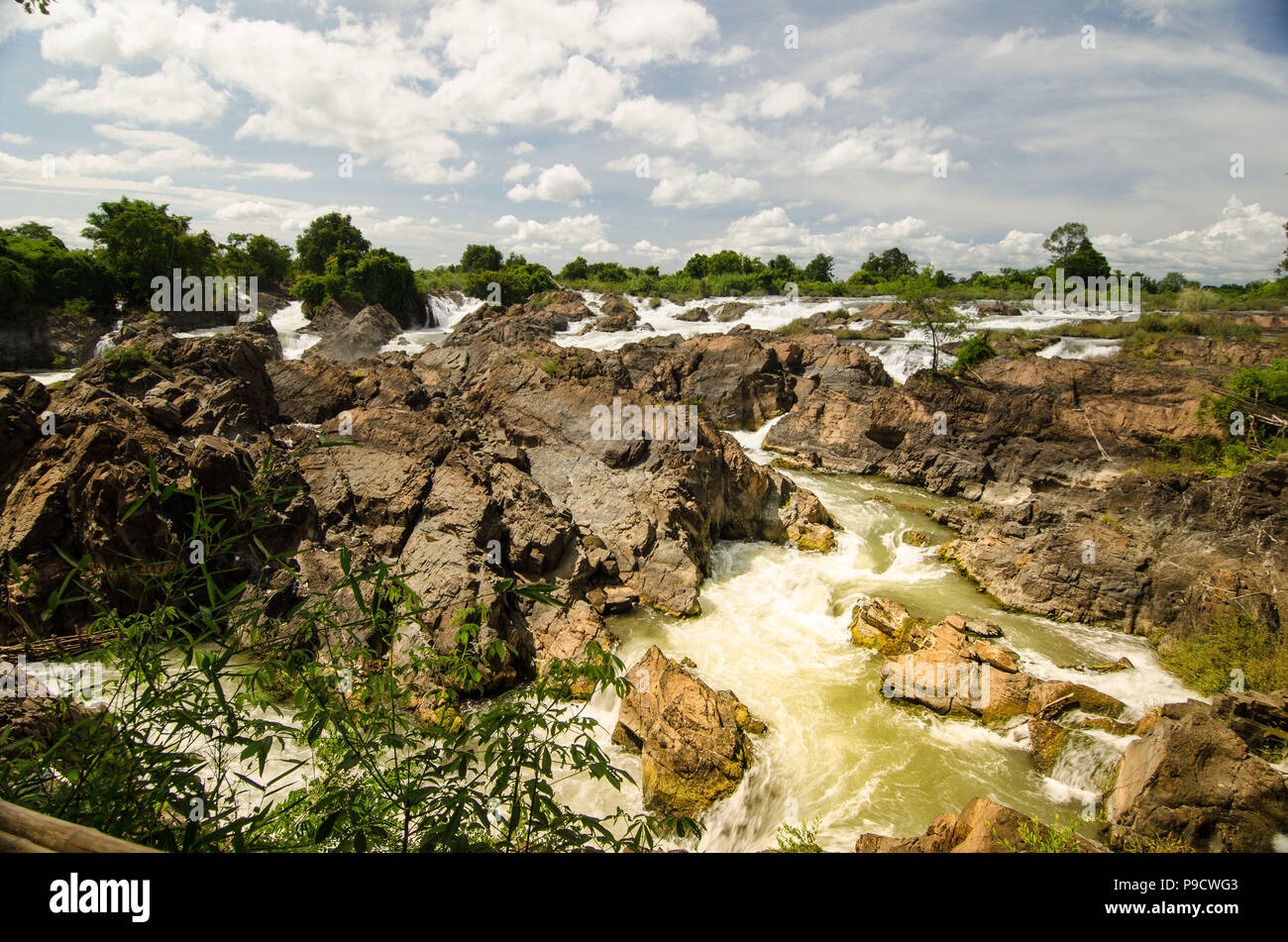 White waters near the Four Thousand Islands river delta on the Mekong ...