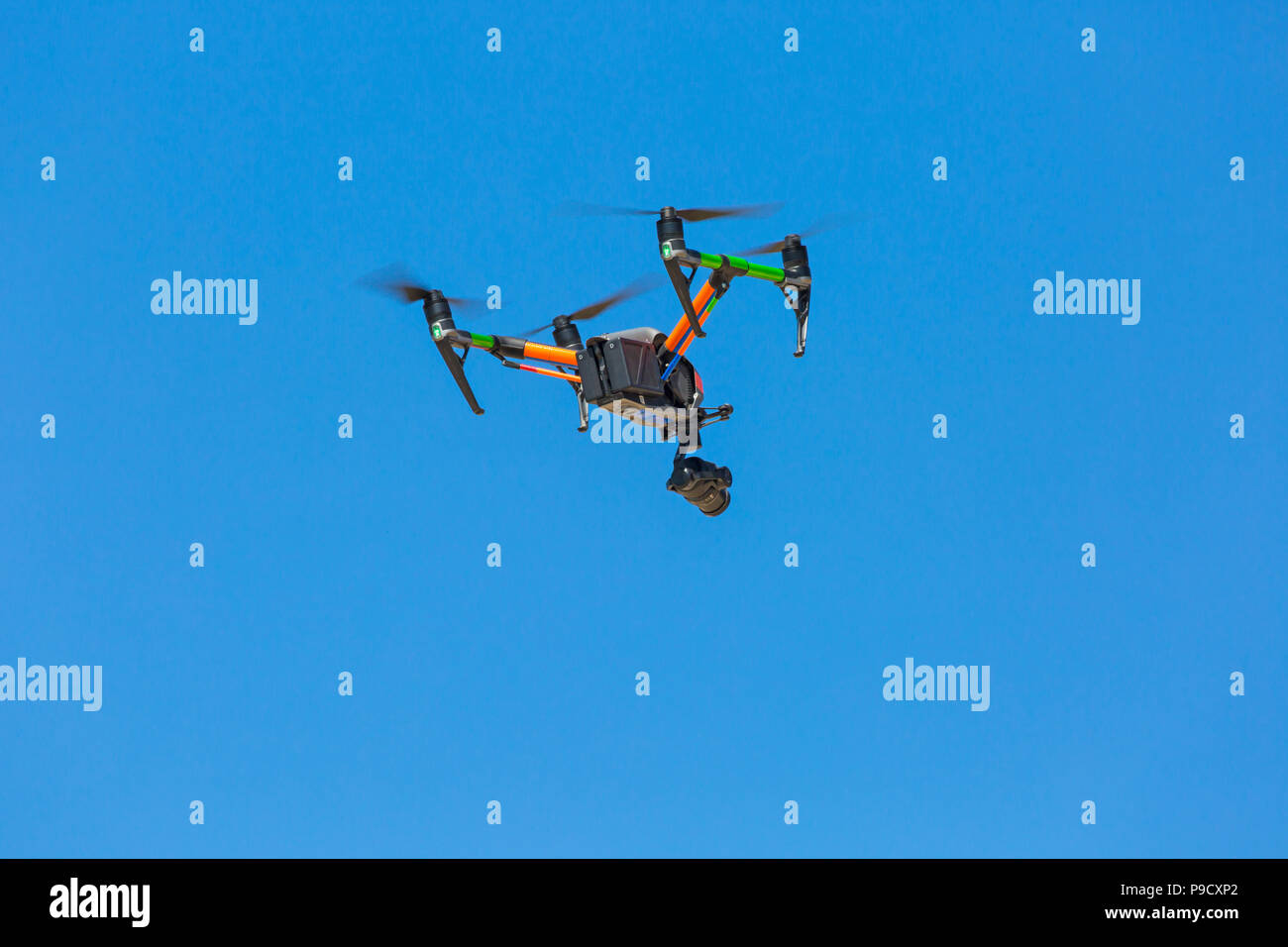DJI Inspire 2 drone flying in the air with blue sky at Branksome Dene ...